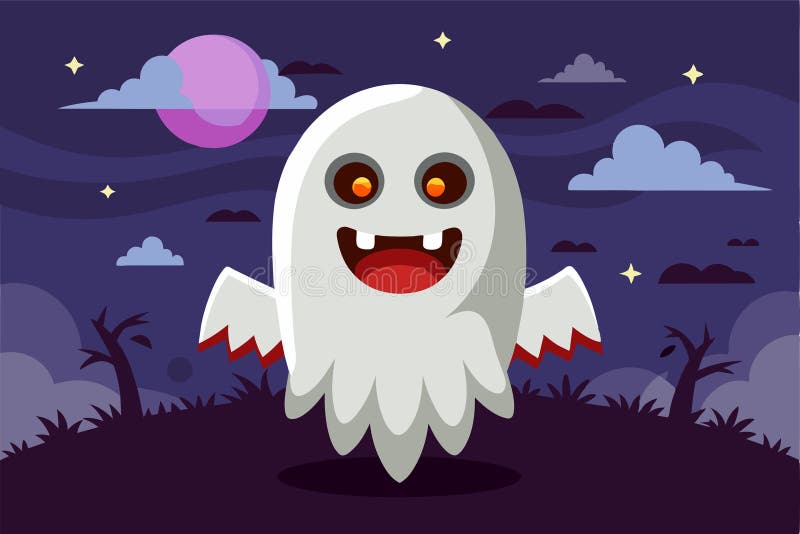 A Playful Ghost Character with Big Eyes and Sharp Teeth Stands Happily ...