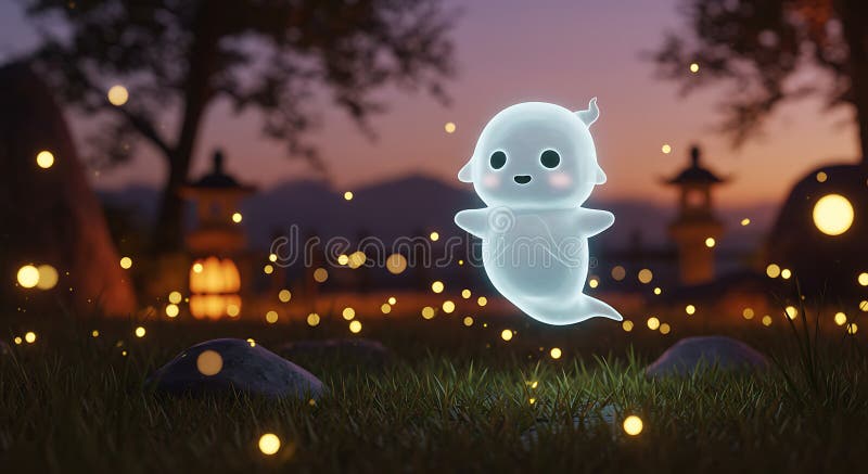 Cute Little Ghost Hovering in Grassy Field at Dusk with Fireflies Stock ...