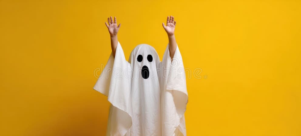The Playful Ghost in a Cheerful Yellow Backdrop Raising Its Hands. AI ...