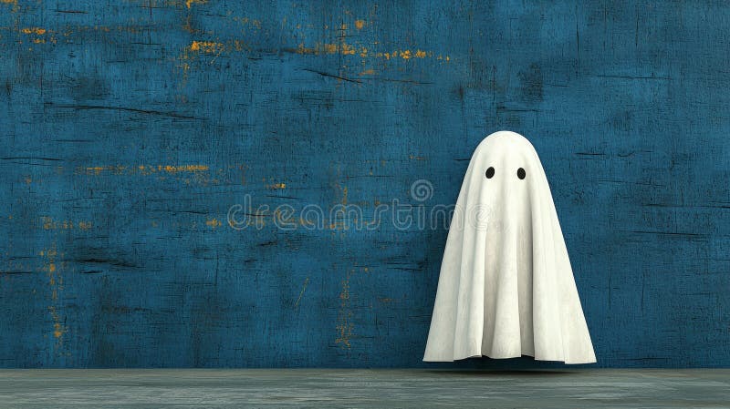 A Playful Ghost Figure in a White Sheet Against a Textured Blue Wall ...