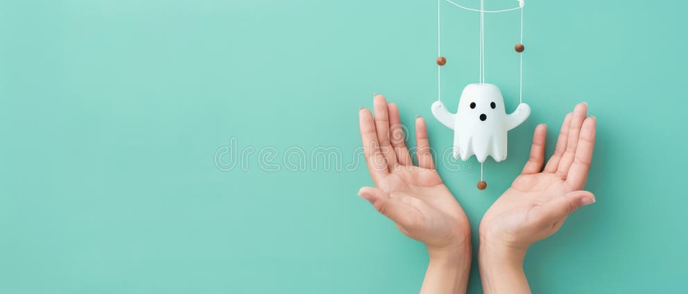 A Playful Ghost Puppet is Suspended Above Open Hands, Creating ...