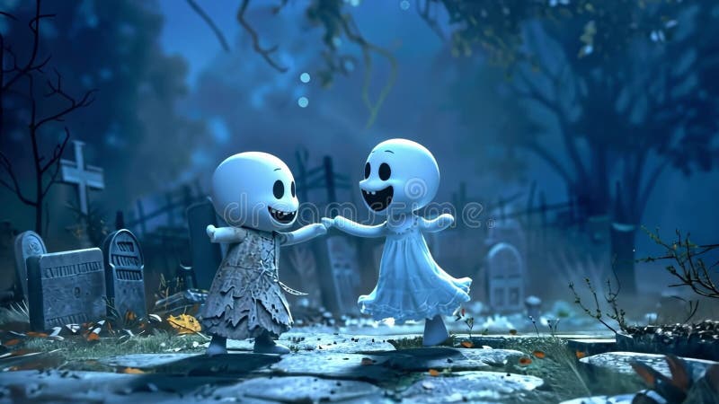 Playful Ghosts Dancing in a Spooky Graveyard at Night Stock Video ...