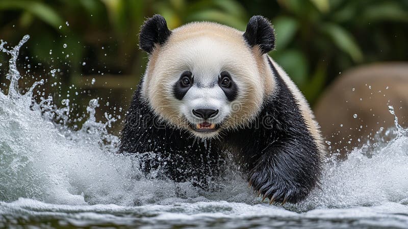 Playful Giant Panda Splashing in Water Stock Image - Image of wildlife ...