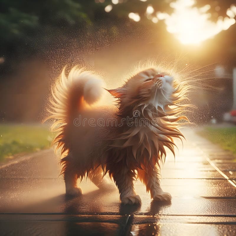 A Playful Ginger Cat Shaking Off Water Droplets in a Park. Stock ...