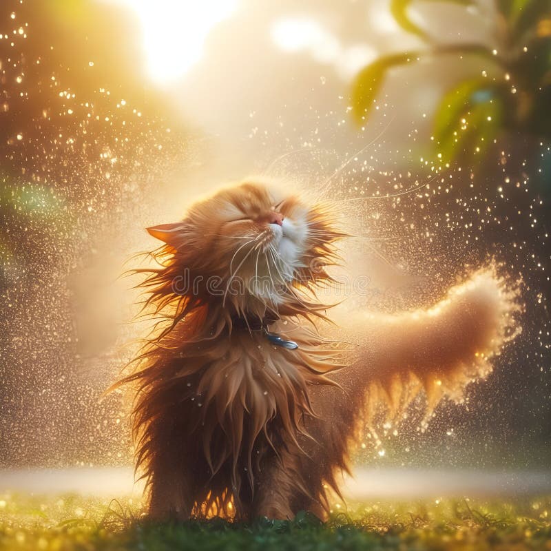 A Playful Ginger Cat Shaking Off Water Droplets in a Park. Stock ...