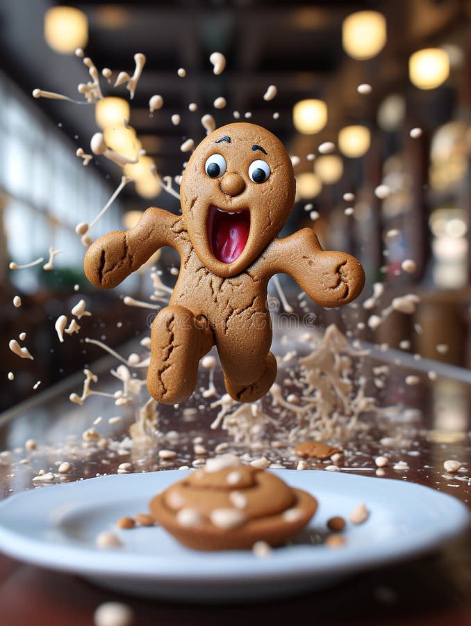 Playful Gingerbread Cookie with Face and Eyes Running into Plate Stock ...