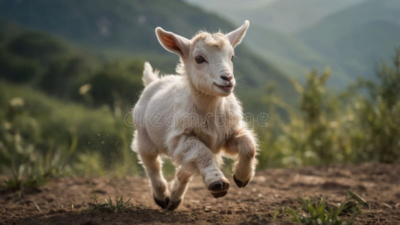 A Playful Goat Joyfully Running in a Natural Landscape Stock ...