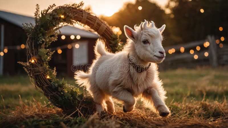 Adorable Baby Goat Leaping Joyfully at Sunset Stock Illustration ...