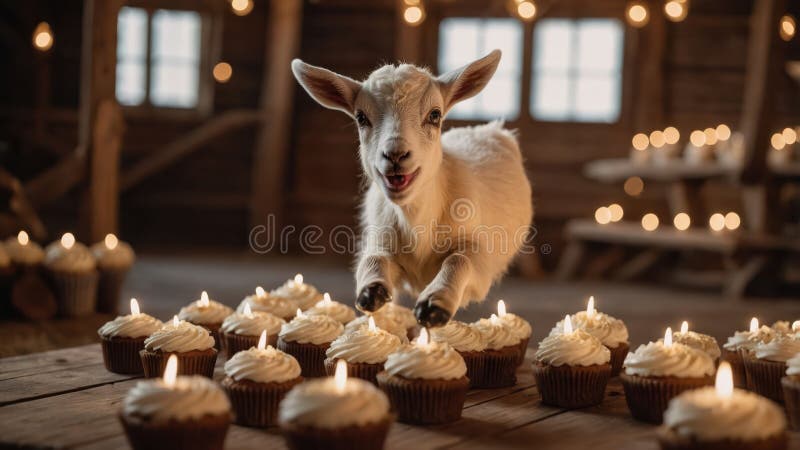 Adorable Kid Goat Leaping Towards Birthday Cupcakes in Rustic Barn ...