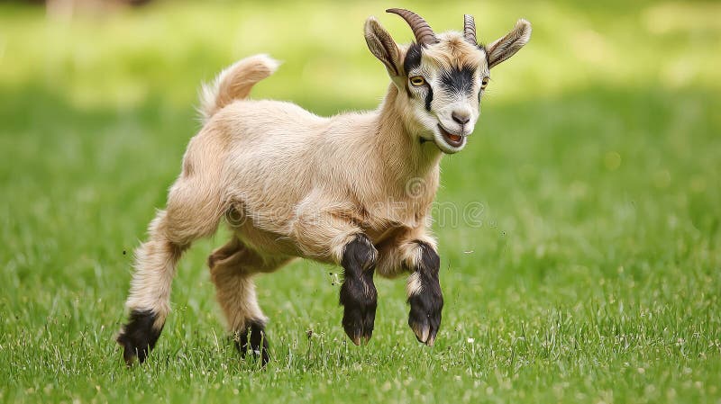 Playful Goat Kid Running in Green Meadow Stock Image - Image of happy ...