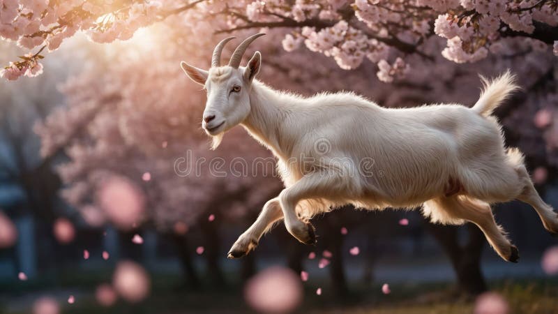 White Goat Leaping through Cherry Blossom Trees in Springtime Stock ...