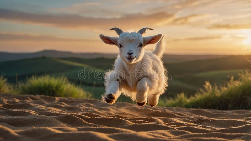 Adorable Baby Goat Leaping at Sunset Over Rolling Hills Stock ...