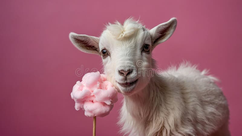 A Playful Goat Poses with a Stick of Pink Cotton Candy Against a Pink ...