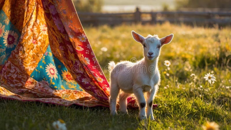 Adorable Baby Goat in Sunny Meadow Near Patchwork Quilt Stock ...