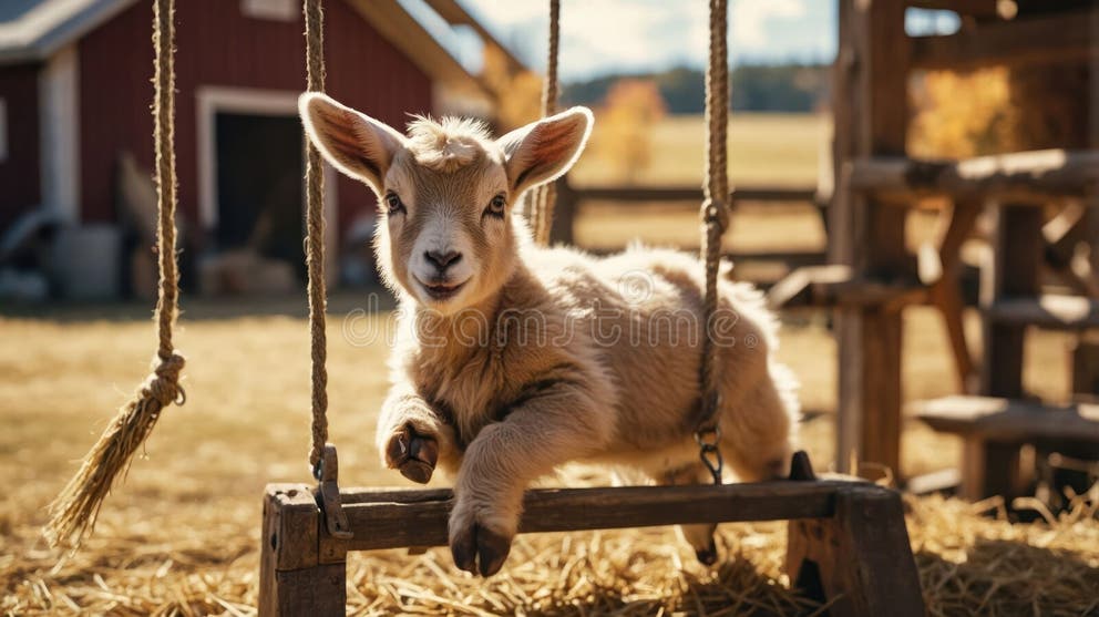Adorable Baby Goat on a Rustic Wooden Swing Stock Illustration ...