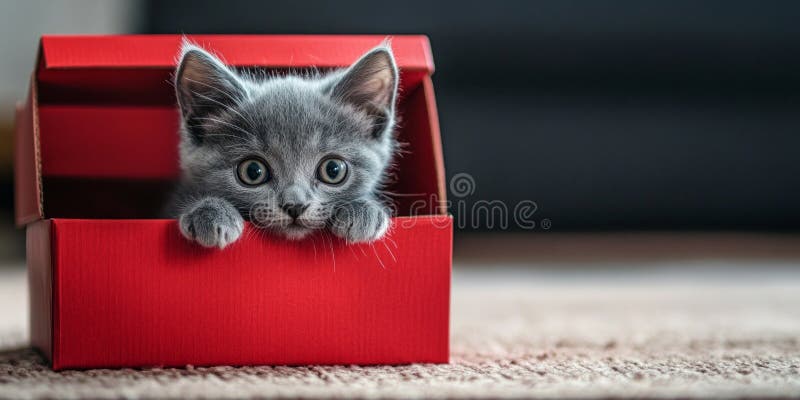 A Playful Gray Kitten Peeks Out from a Bright Red Box. the Adorable ...