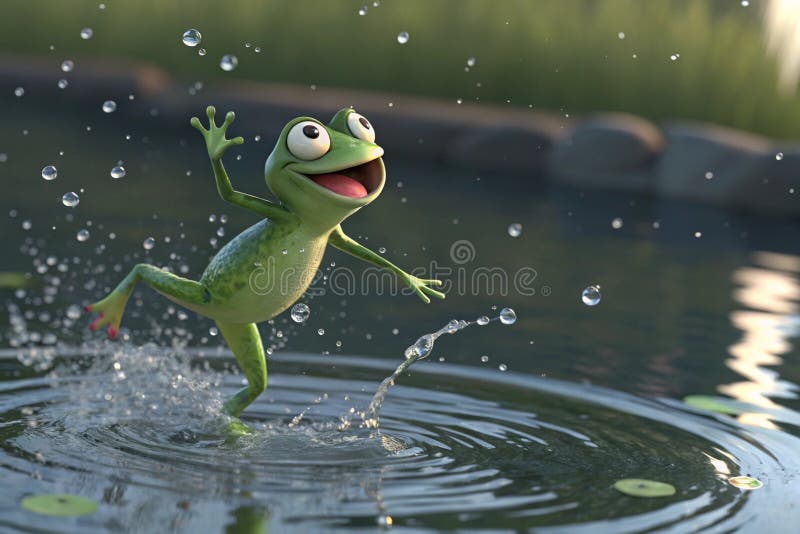 Playful Green Frog Splashing in Water - Generated by Ai Stock ...