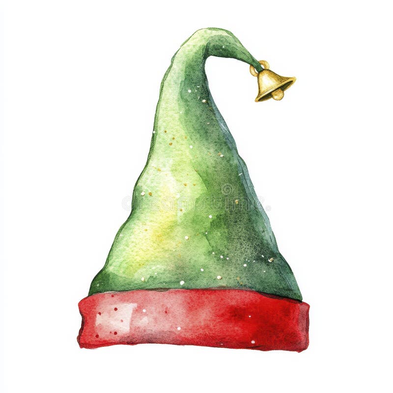 Playful Green and Red Elf Hat with Gold Bell on White Background Stock ...