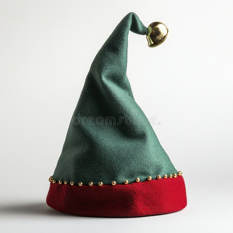 Playful Green and Red Elf Hat with Gold Bell on White Background Stock ...