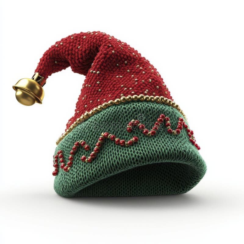 Playful Green and Red Elf Hat with Gold Bell on White Background Stock ...