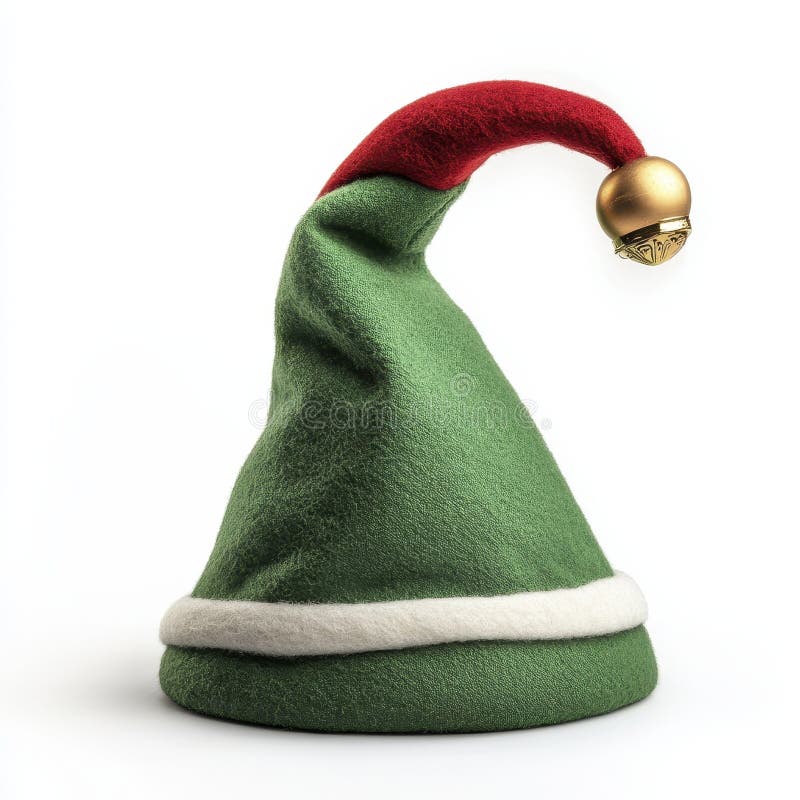 Playful Green and Red Elf Hat with Gold Bell on White Background Stock ...