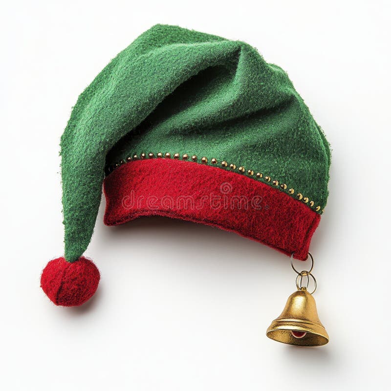 Playful Green and Red Elf Hat with Gold Bell on White Background Stock ...