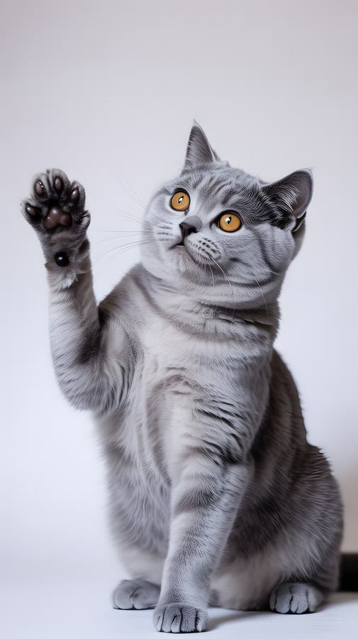 Playful Grey Cat Raising Paw on White Background Stock Image - Image of ...