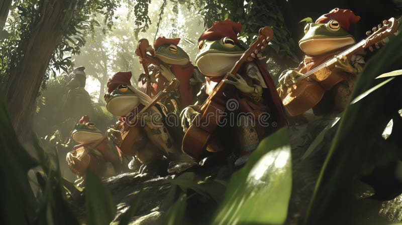 Playful Group of Frogs Wearing Tiny Hats and Playing Instruments Stock ...
