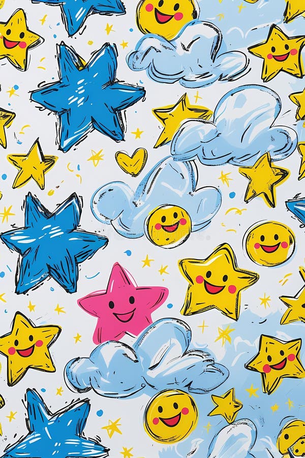 Playful Hand-Drawn Doodle Pattern with Stars and Clouds Stock Image ...
