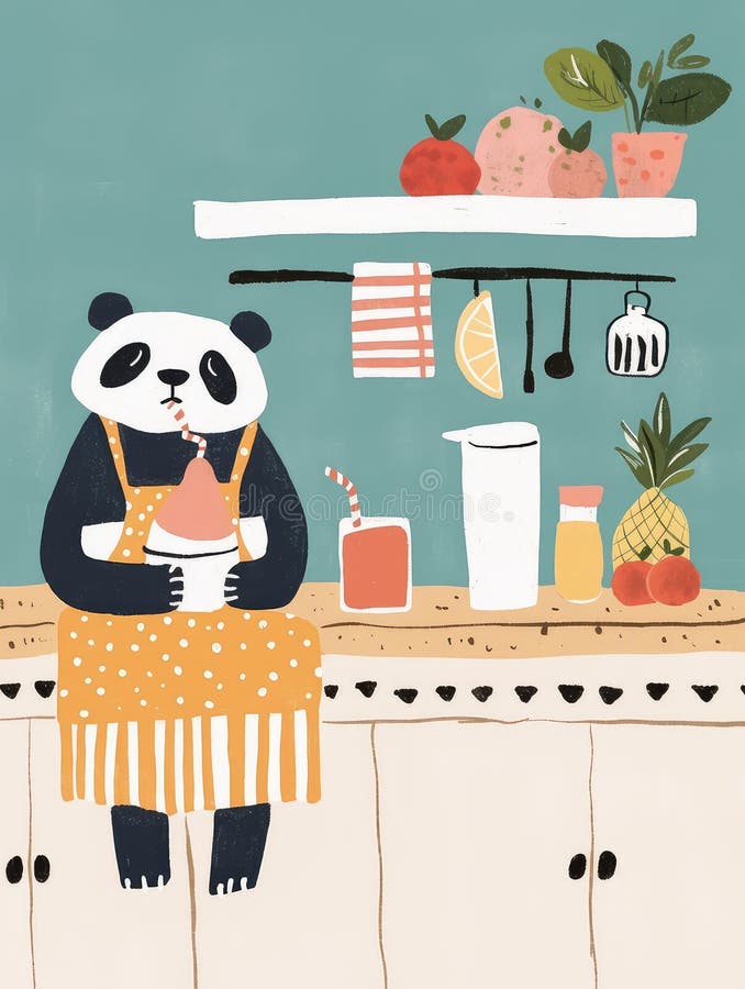 Playful Hand Drawn Illustration of Panda Making Fruit Smoothie in ...
