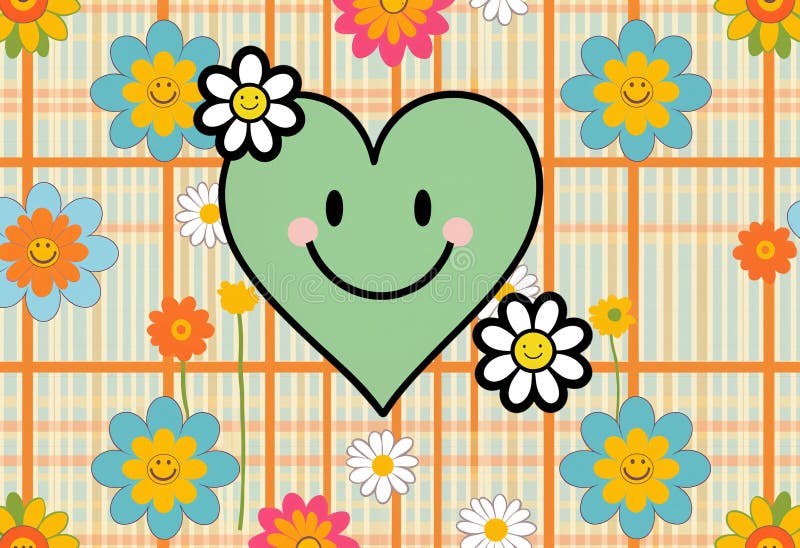 Playful Heart and Flowers with Happy Faces on a Checkered Background ...