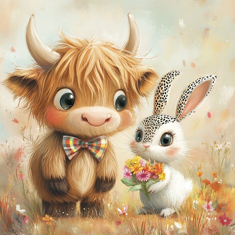 Playful Highland Cow and Bunny with Colorful Bows in Spring Setting ...
