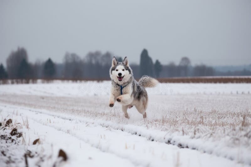 Playful Husky Running and Jumping on Snow-covered Field Stock ...