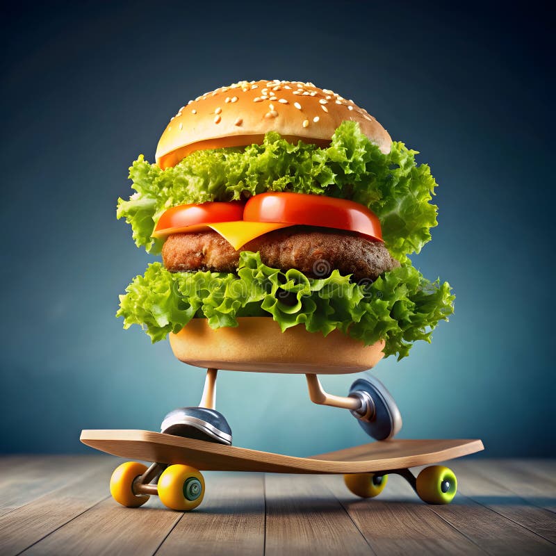 A Playful Illustration of a Burger on a Skateboard Stock Illustration ...