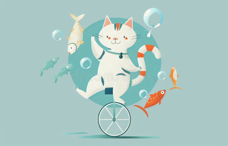 A Playful Illustration of a Cat Riding a Unicycle while Juggling Fish ...