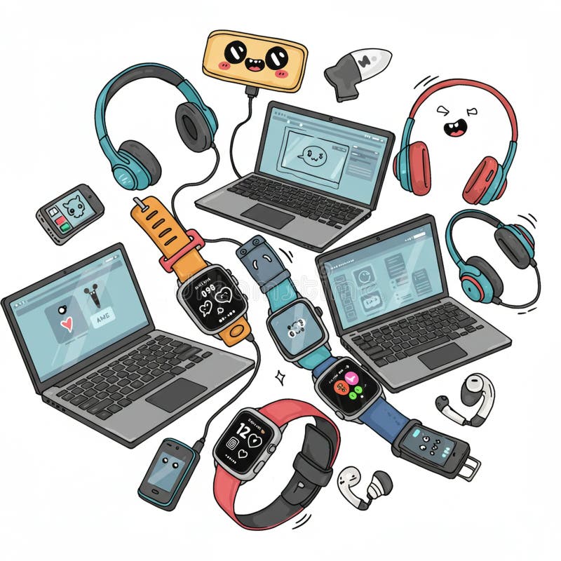 Playful Illustration Depicting Various Electronic Devices with ...