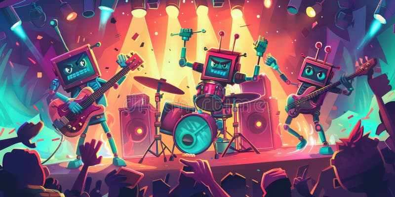 A Playful Illustration of a Robot Rock Band Performing on Stage Stock ...