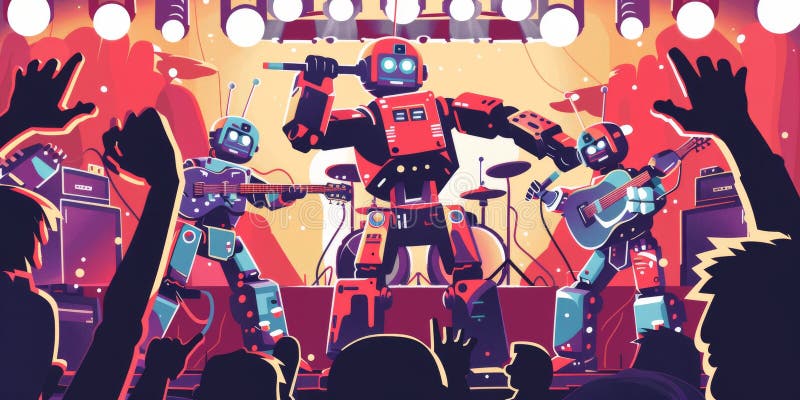 A Playful Illustration of a Robot Rock Band Performing on Stage Stock ...