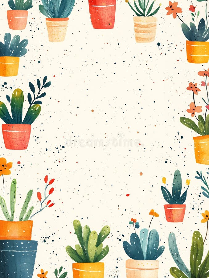 Playful Illustration of Various Potted Plants in a Repeating Pattern ...