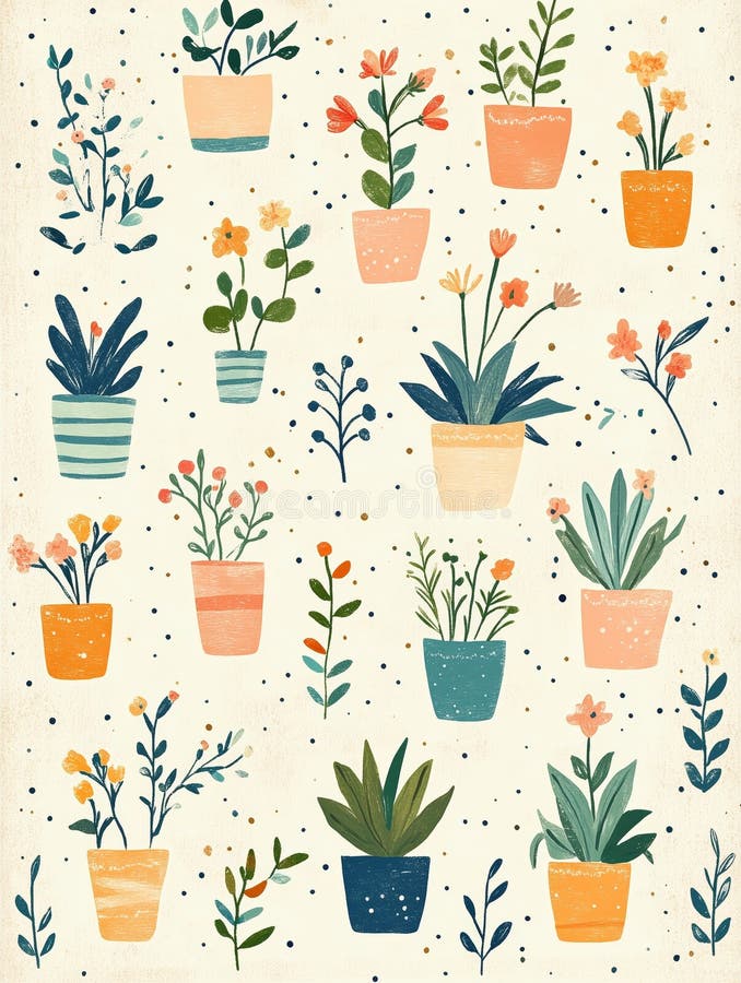 Playful Illustration of Various Potted Plants in a Repeating Pattern ...