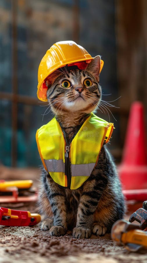 A Curious Cat Dressed As a Construction Worker Captures Attention. Its ...