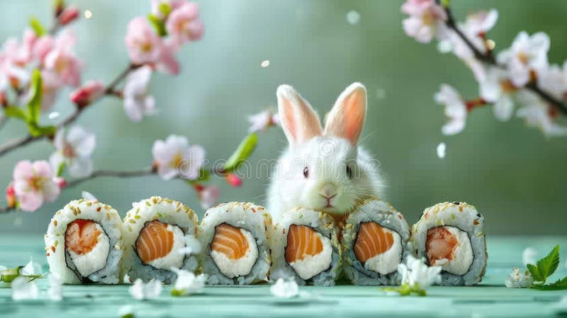 Easter Bunny Enjoying Sushi on Light Green Background Stock ...