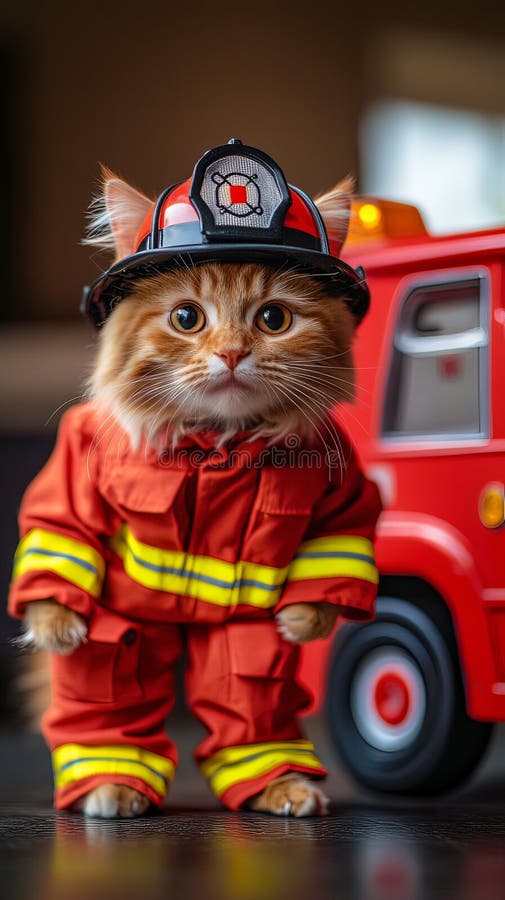 A Brave Cat Dressed As a Firefighter Stands Next To a Red Fire Truck ...