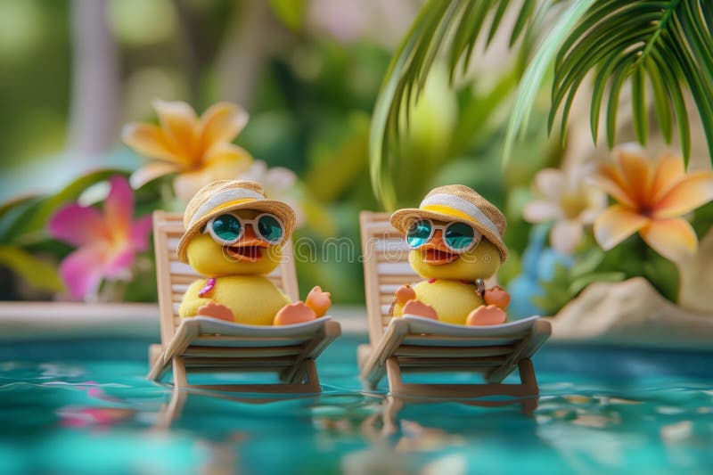 Two Cute Rubber Ducks Relax by the Pool in Tropical Paradise. they Wear ...