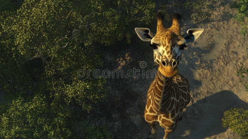 A Playful Image of a Giraffe Looking Up Directly at the Camera Stock ...