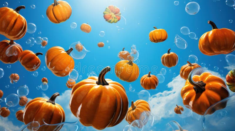 Whimsical Scene: Pumpkins Falling from the Sky, a Fall Surprise Stock ...