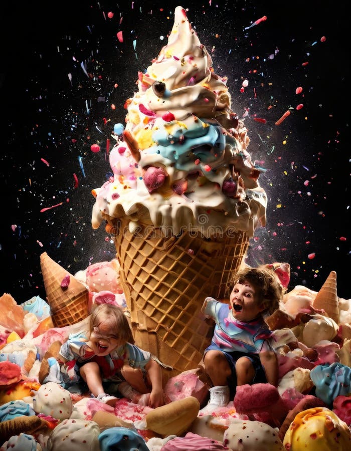 Kids Overwhelmed by Giant Ice Cream Cone in Candy Explosion Stock Image ...