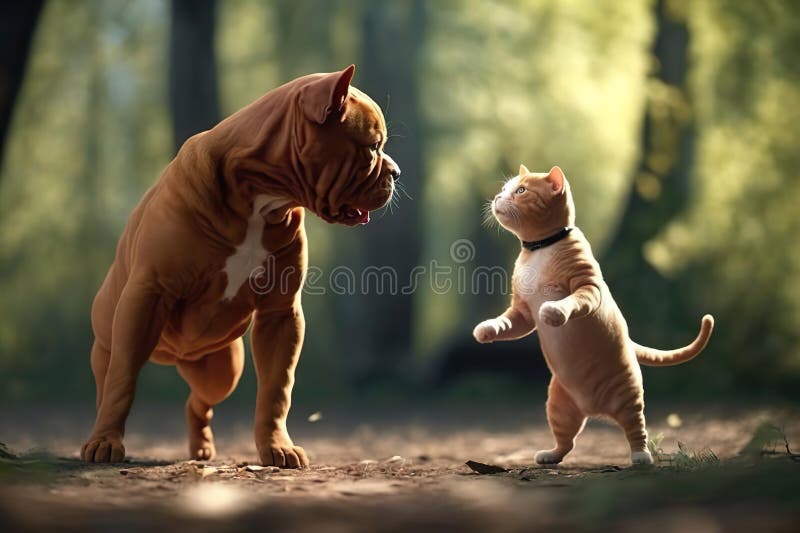 A Playful Interaction between a Dog and a Cat in a Forest Setting ...