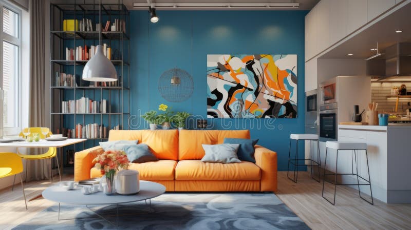Playful Interior Design of Studio Apartment, Modern Living Room and ...