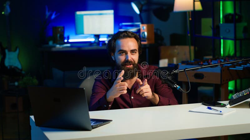 Playful Internet Star Using Microphone To Shoot Vlog Stock Image ...